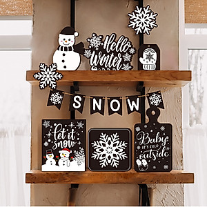 BBTO 14 Pcs Winter Tiered Tray Decor Black and White Snowflake Table Wood Decor Hello Winter Wood Blocks Signs for Home Decor(Classic Style)