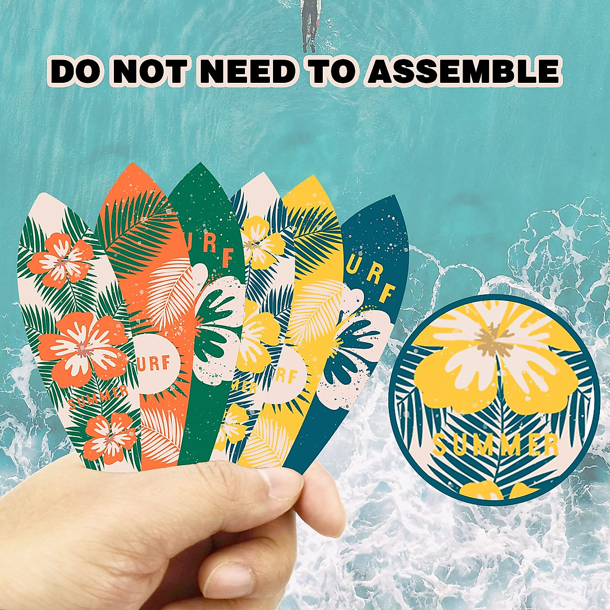 Summer Beach Happy Birthday Cake Topper Surfboard Palm Model Tree Beach Umbrella Chair for Swimming Beach Party Luau Birthday Baby Shower Party Supplies (Surfboard)