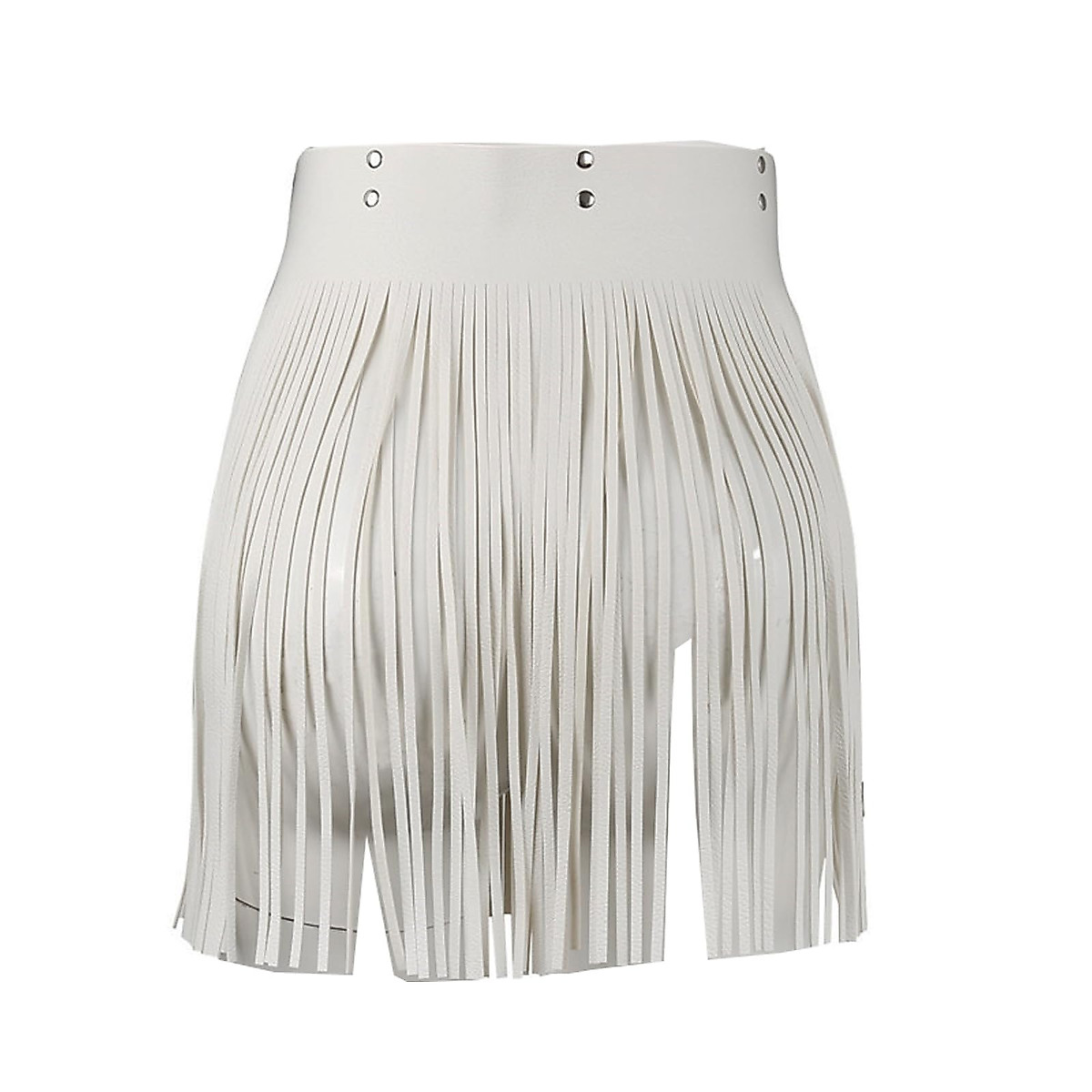 KKmeter Women's Faux Leather Waistband Fringe Tassel Skirt Hippie Boho High Waist Adjustable Double Waist Belt Skirt Clubwear (White)