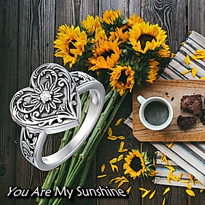 SOULMEET Sterling Silver Heart Sunflower Locket Ring That Holds Pictures Personalized Memorial Photo Locket Band Poison Locket Rings Size 5-10 (Ring+Photo)