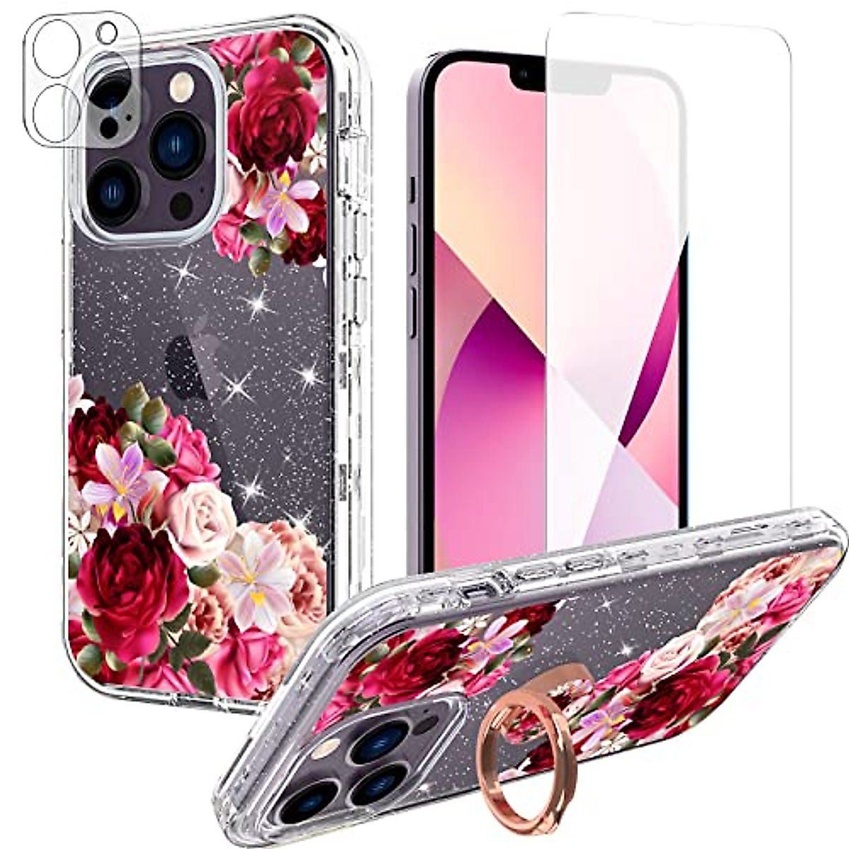 ACKETBOX for iPhone 14 Pro Max Case with Screen Protector + Camera Lens Protector and Ring Bracket，PC Back Case + Front Cover and TPU Phone Case Cover for iPhone 14 Pro Max (Flowers)