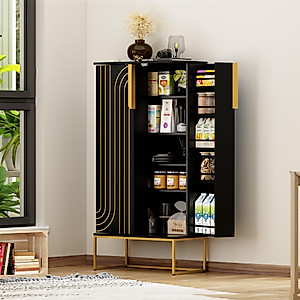 HOLTICO 46.5'' Accent Wood Kitchen Pantry with Doors, Storage Cabinet with Adjustable Shelves, Food Pantry Cabinet for Kitchen, Dining Room, Living Room and Garage, Metal Legs,Black