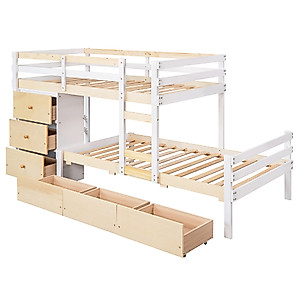 Bellemave Low Loft Bed with Storage Drawers and Dresser, Wood Twin Over Twin Bunk Bed Frame for 2 Kids, Modern Junior Loft Beds with Storage and Platform Bed for Boys Girls Teen,White With Natural