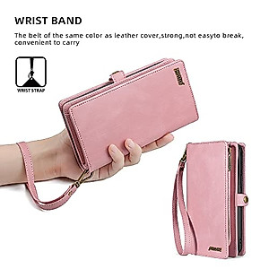 W WINTMING Compatible with iPhone 14 Pro Wallet Case with Card Holder,Leather Zipper Wallet Magnetic Buckle Case, RFID Blocking, with Wrist Strap Classic Leather Folio Phone Case (iPhone 14 Pro,Pink)