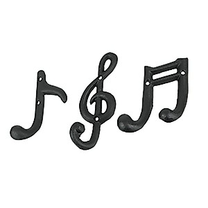 Zeckos Harmonious Melodies - Set of 3 Black Finish Cast Iron Musical Note Wall Hooks for Decorative Music Room Ensemble - 6 Inches High - Elegant Home Decor Accent