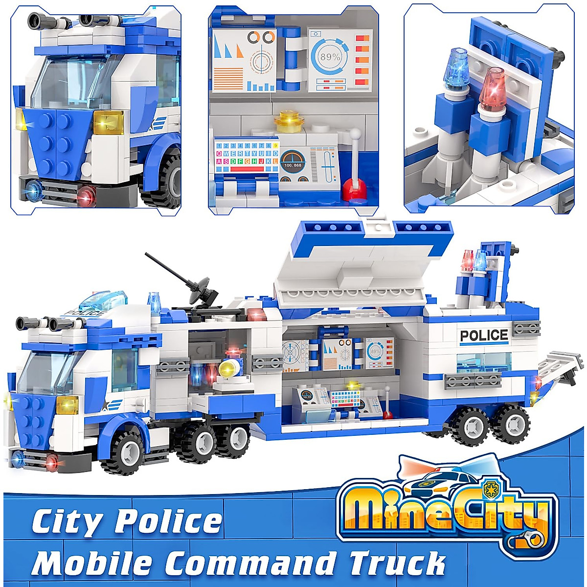 WishaLife City Police Mobile Command Center Truck Building Toy, W/Police Car, Airplane, Boat, Gifts for 6 Plus Year Old Kids, Boys, Girls (1338 PCS)
