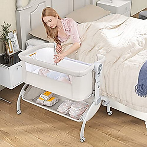 BABY JOY Baby Bassinet, 3-in-1 Rocking Bassinet w/Storage Basket, Double-Lock Design, 7 Adjustable Heights, Soft Mattress & Portable Travel Bag, Bassinet Bedside Sleeper for Newborns Infants (Beige)