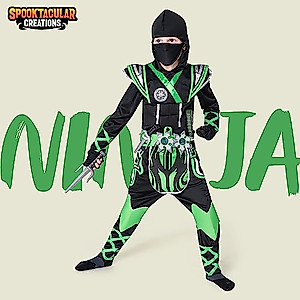 Spooktacular Creations Kids Green Ninja Costume, Child Boy Ninja Warrior Costume for Kids Toddler Ninja Themed Parties, Halloween Costume Dress Up (Small (5-7yr))