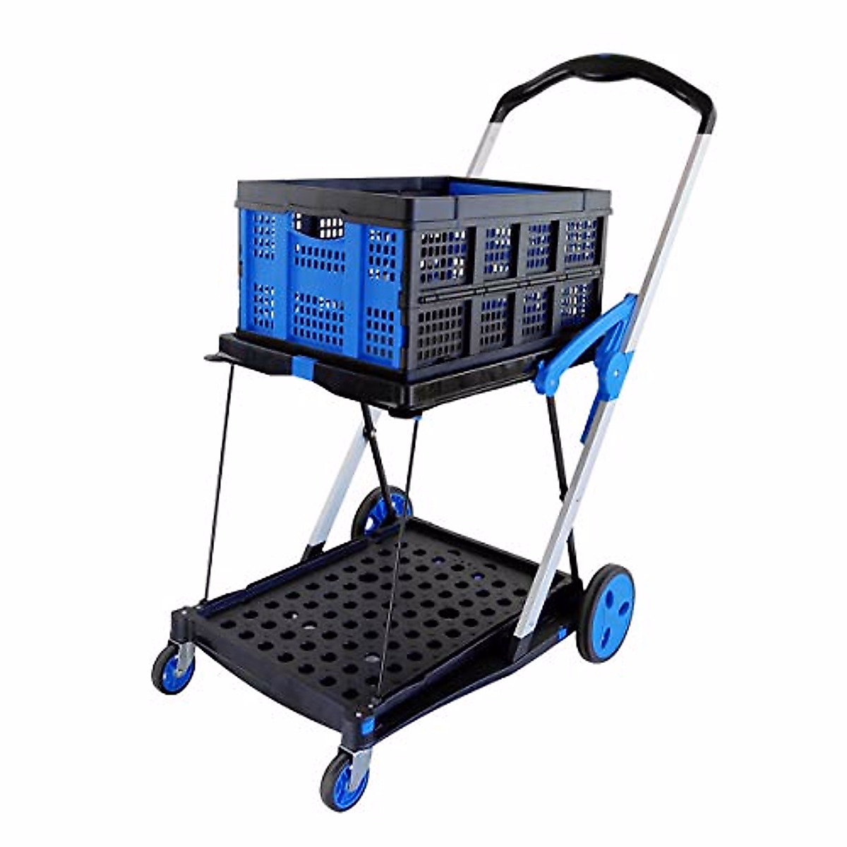 Folding Shopping Cart with Wheels, Collapsible Cart with Basket, 2-Layer Utility Carts, Outdoor Wagon for Groceries, Hand Truck (Folding Cart + Crate)