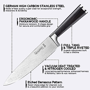 MICHELANGELO Professional Chef Knife 8 Inch Pro, German High Carbon Stainless Steel with Ergonomic Handle, Japanese Knife, for Kitchen - Inch, Etched Damascus Pattern