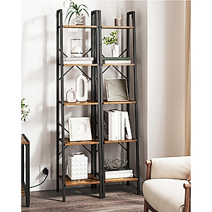 Hzuaneri Ladder Shelf, Bookshelf Bookcase, Freestanding Corner Storage Shelve with 2 Hooks for Home Office, Living Room, Kitchen, Bedroom, Industrial, 5-Tier Rustic Brown BC03201B