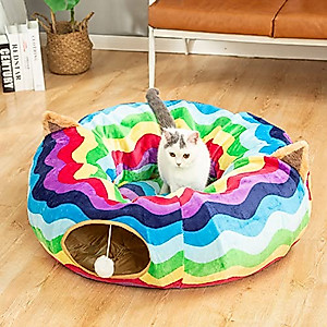 LUCKITTY Large Cat Tunnel Bed with Plush Cover,Fluffy Toy Balls, Small Cushion and Flexible Design- 10 inch Diameter, 3 ft Length- Great for Cats, and Small Dogs, Rainbow Wave Color