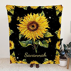 Toyshea Personalized Sunflower Blanket Name and Initial Letter Custom Throws Cozy Soft Blankets Fleece Sherpa for Women Girls Mom Daughter Grandma Kids Gift for Mother's Day Birthday Christmas