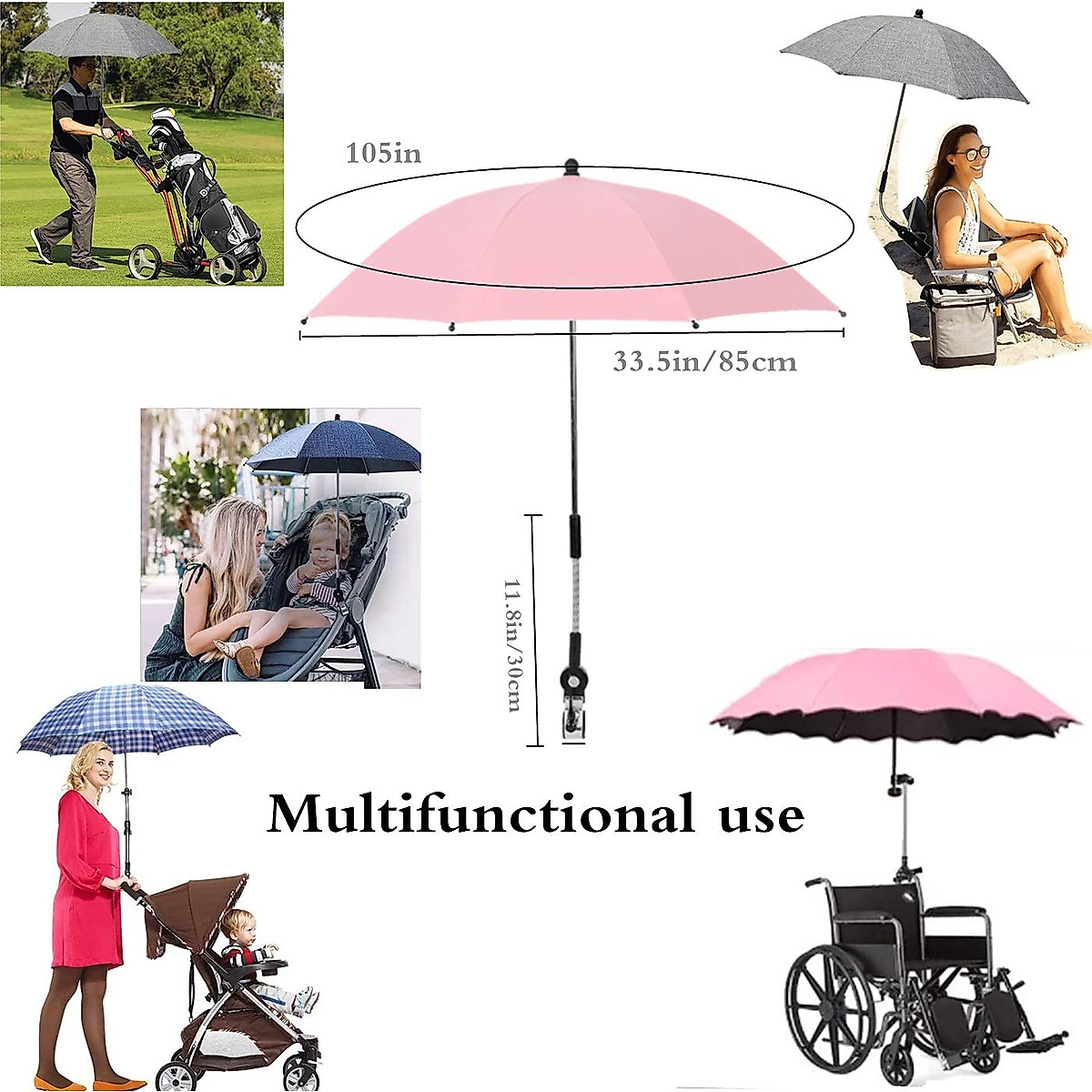 Upwsma Portable folding sun umbrella, beach umbrella with universal clamp, SPF 50+ adjustable umbrella for strollers, beach chairs, wheelchairs (Large- Blue)