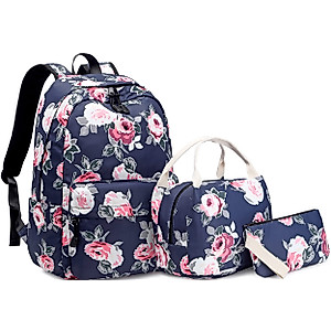 Joyfulife Backpack for Girls, Teen Backpacks Lightweight Kids Bookbags School Backpack with Lunch Box Pencil Case Travel Laptop Backpack Casual Daypacks Floral (Dark Blue)
