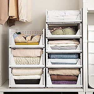 4 Pack Closet Basket Shelf Storage Bins Plastic Super Large Capacity Collapsible Kid Toy Rack White for Kitchen Cabinets, Pantry, Offices, Bedrooms, Bathrooms