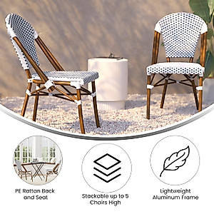 Merrick Lane Celia Bistro Chair - White & Navy Woven PE Seat and Back - Bamboo Finish Aluminum Frame - Set of Two