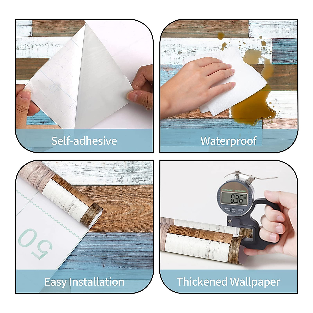 YAMANGU Wood Peel and Stick Wallpaper,Shiplap Wallpaper Blue Distressed, Wall Paper for Living Room, Bedroom, Cabinets, Home Decoration, Brown White Grey Colorful Wood Grain Contact Paper