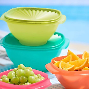 Tupperware Servalier Food Storage Container Set of 4 in Green/Lime/Coral/Red