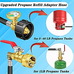 Upgraded Propane Refill Adapter Hose, 36" Propane Extension Refill Hose with Gauge, Shut off Valve, 1LB Propane Filling Hose Kit with 1 LB Propane Bottle Cap, Roll Sealing Tape (Rubber)