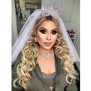 SWEETV Wedding Crown for Bride, 3-pack Tiara Earrings Necklace, Bridal Jewelry Set, Iridescent Crystal Costume Party Birthday Prom Pageant Jewelry for Women,Multicolored