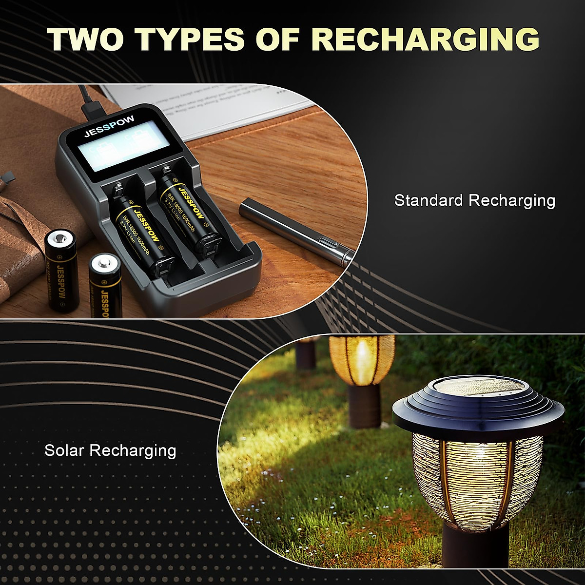 JESSPOW 18500 Battery, IMR 18500 Rechargeable Li-ion Battery 1600mAh 3.7V for Flashlight, Solar Garden Light and More, 18500 Rechargeable Solar Batteries with Button Top (8 Pack)