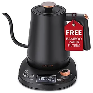 Vianté Electric Gooseneck Pour Over Kettle with Precise Temperature Control for Coffee & Tea. Rapid Boil, BPA-Free Stainless Steel. Includes Free paper Coffee Filters. 0.8L capacity