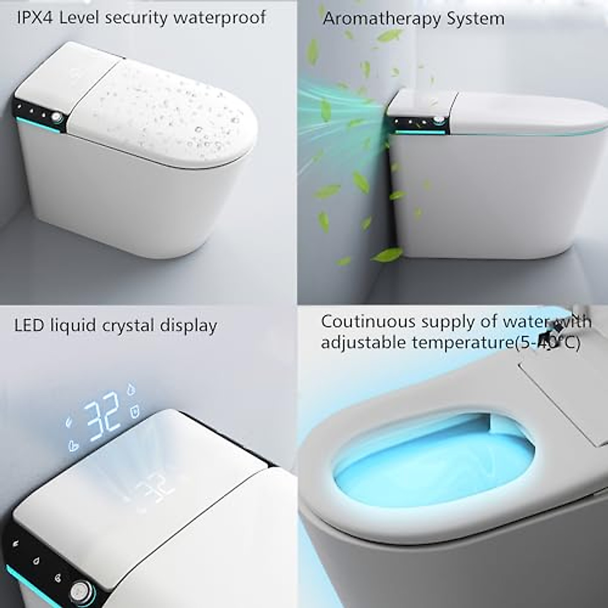 Smart Toilet with Auto Open/Close Lid, Bidet Toilet Pump-assisted, Blackout Flush, Heated Seat, Dual Auto Flush, Warm Water, Foot Sensor Operation, Tankless Elongated Toilets with LED Display
