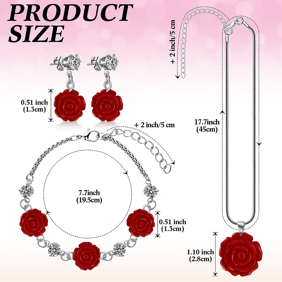 Fiada 1 Set Resin Rose Jewelry Red Necklaces with Diamond Flower Vintage Jewelry Dangle Necklace and Earring Sets for Women Pendent Bracelet for Bride Wedding Valentine Gifts