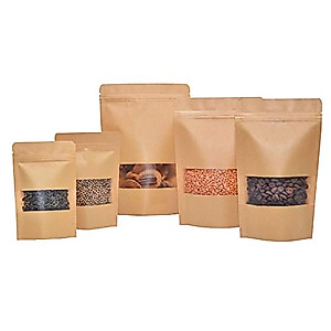 50 Pcs Self Sealing Sealable Packaging Paper Bags Waterproof Transparent Window Brown Stand Up Zipper Pouches Can Reusable for Food Tea Coffee bags Beans Nuts Seeds Dried Fruits Pouch (5.5"x.7.8")…