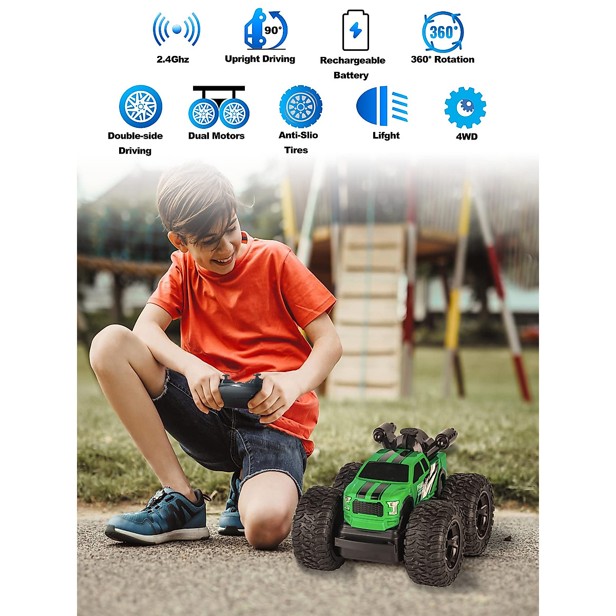 RC Stunt Car, RC Monster Trucks 4x4 Offroad, 4WD 360° Flips Rotating Car Toys for Boys and Girls, Toddler Remote Control Car with Spray Function, Ideal Birthday for Kids (Green)