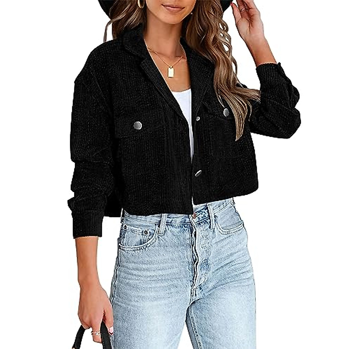 BTFBM Women's Corduroy Cropped Jacket 2023 Winter Fall Lapel Button Down Casual Short Shacket Jackets Coats with Pockets(Soldi Black, Large)