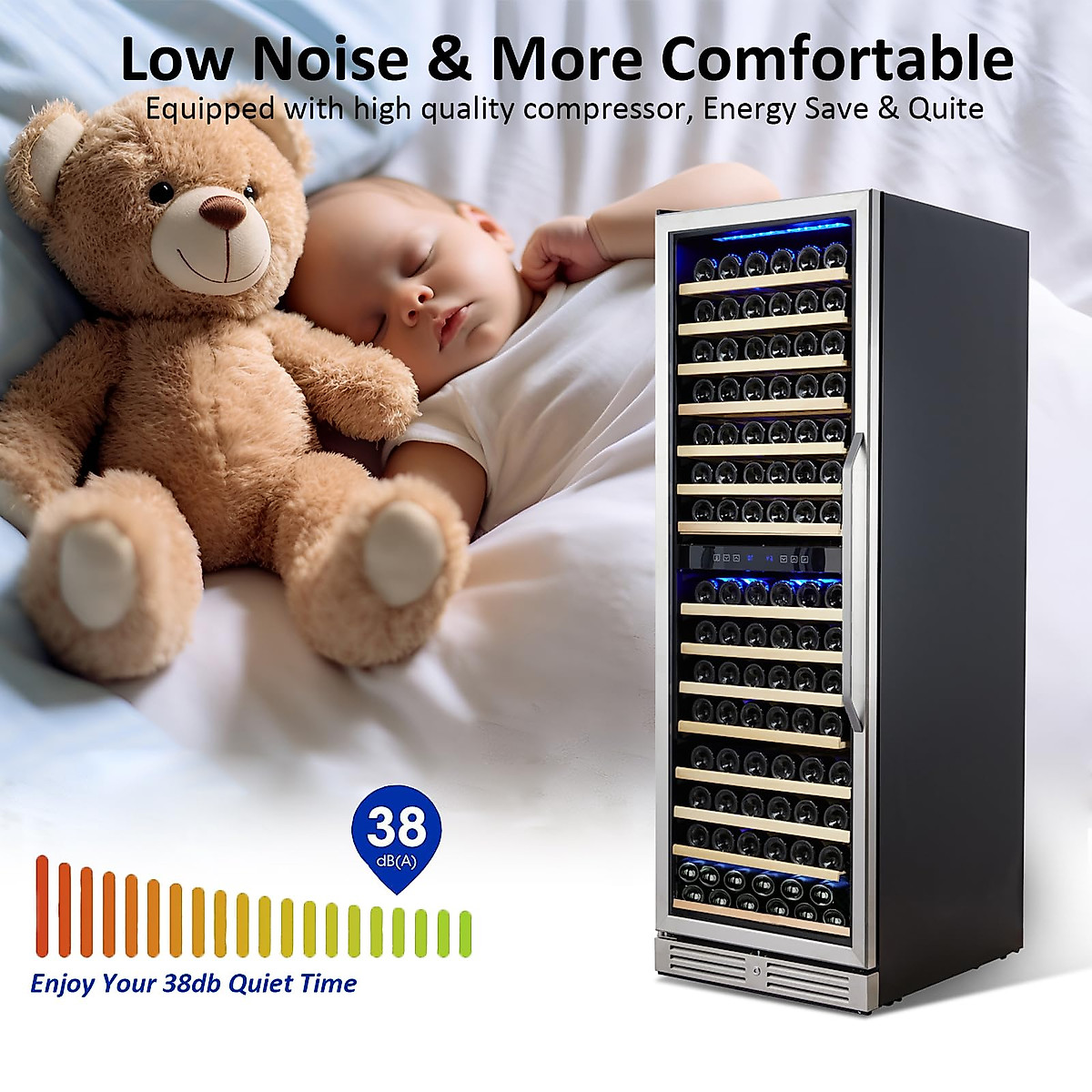 24 Inch Wine Fridge Dual Zone 160 Bottle, Tall Wine Cooler Refrigerator Built-in or Freestanding with Temperature Control System, Professional Compressor, Low Noise and Intelligent Temperature Memory