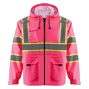 ZUJA High Visibility Bomber Safety Jacket ANSI Class 3 Reflective Jacket Pocket and Zipper Reflective Hoodie Windproof Hi Vis Rain Jacket for Men & Women (Pink, M)