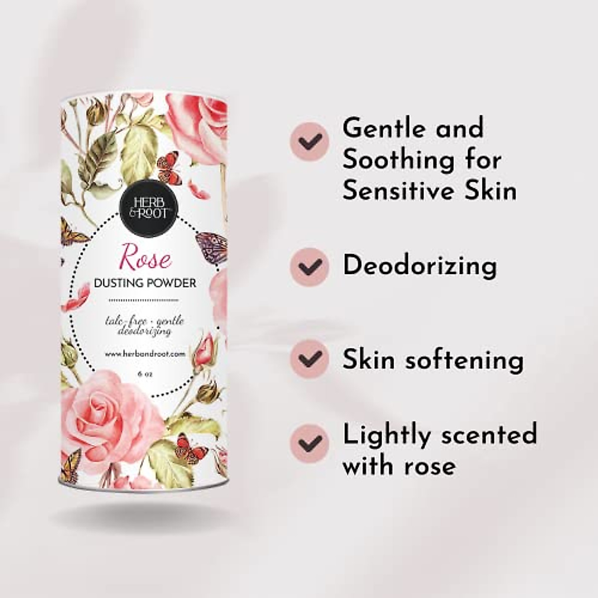 Herb & Root Rose Scented Fragrant Talc-Free Dusting Powder for Women, Feminine Powder, Body Powder, Bath Powder, Anti-Chafing Powder, Baby Powder, 6 oz
