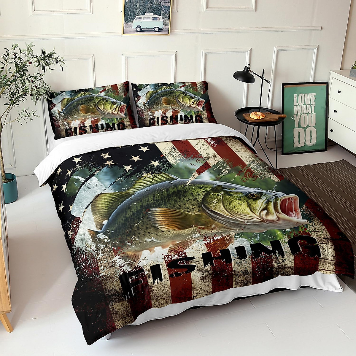 AILONEN Big Pike Fishing Duvet Cover for Boys Teen King Size, Bass Fish American Flag Pattern Bedding Set,Hunting and Fishing Comforter Cover,3 Pieces,1 Quilt Cover and 2 Pillowcases