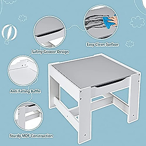 KOTEK Kids Wood Table and 2 Chairs Set with Blackboard & Storage Drawers, Children Multi Activity Table for Learning, Playing, Drawing, 3-in-1 Toddler Art Crafts Desk and Chairs Set (Gray & White)