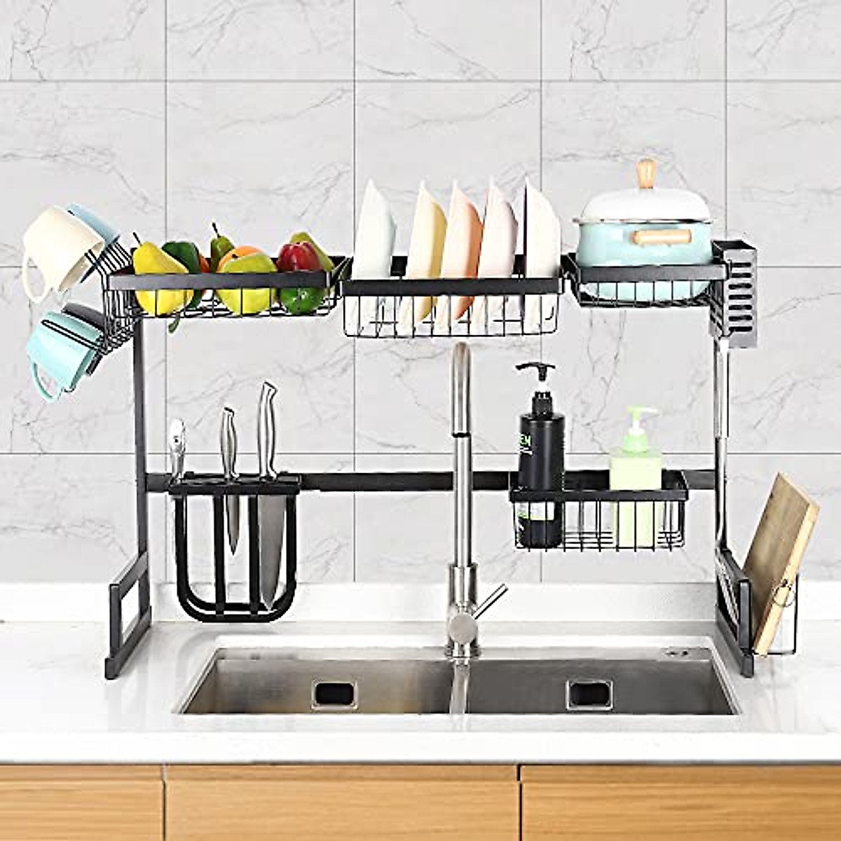 Over The Sink Dish Drying Rack, 2 Tier Stainless Steel Large Dish Racks for Kitchen Counter, Length Adjustable Dish Drainers with Utensil and Chopstick Holder (Sink Size≤36 INCH)-Black