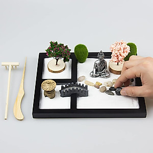 KVMORZE Zen Garden Kit, Japanese Zen Garden with White Sand, 2 Tools, 8 Zen Accessories, Tabletop Meditation Zen Garden for Home, Office, Yoga Decor, Gifts for Relaxation and Meditation, 8.5x6.9in