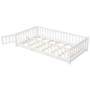Twin Floor Bed for Kids, Montessori Bed Frame with Fence-Shaped Guardrails, Support Slats and Door, Wood Floor Twin Bed for Kids,Toddler,Boys Girls, No Box Spring Needed(White, Twin Bed Frame)