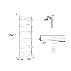 6 Tier Pantry Organizer with Cloth Hook (White) - Metal Hanging Kitchen Spice Rack, Can Organizer - Maximize Your Pantry Door Storage Space, Neat and Efficient Pantry Organization Solution