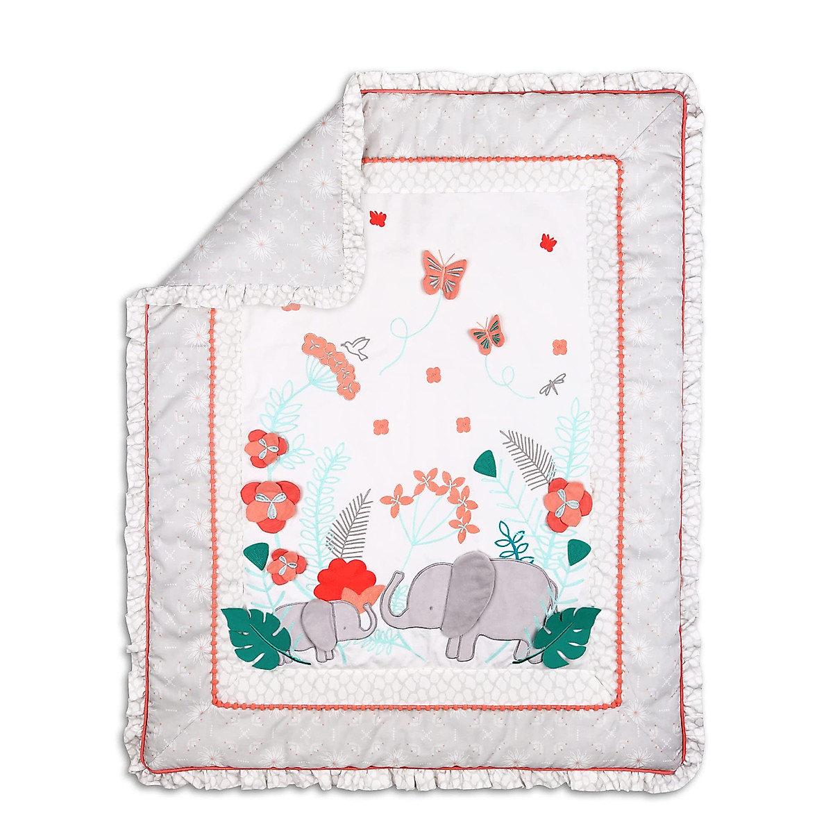 The Peanutshell Safari Love Baby Crib Bedding Set for Girls, 3-Piece Elephant, Coral, Grey and Green | 100% Cotton | Crib Comforter, Fitted Sheet, 3 Tier Crib Skirt Included