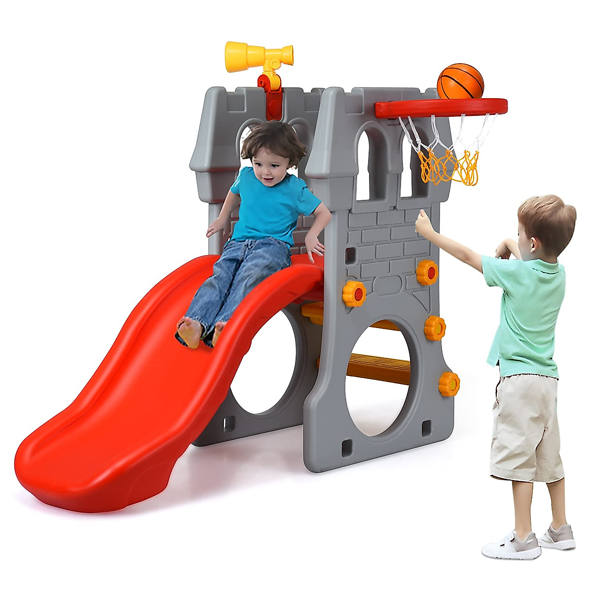 Costzon Toddler Slide Playground Climber Set, 5 in 1 Slide for Kids with Basketball Hoop, Telescope, Crawl Through Space, Easy Climb Stairs, Kids Large Slide Playset Gift for Both Indoor Outdoor Use