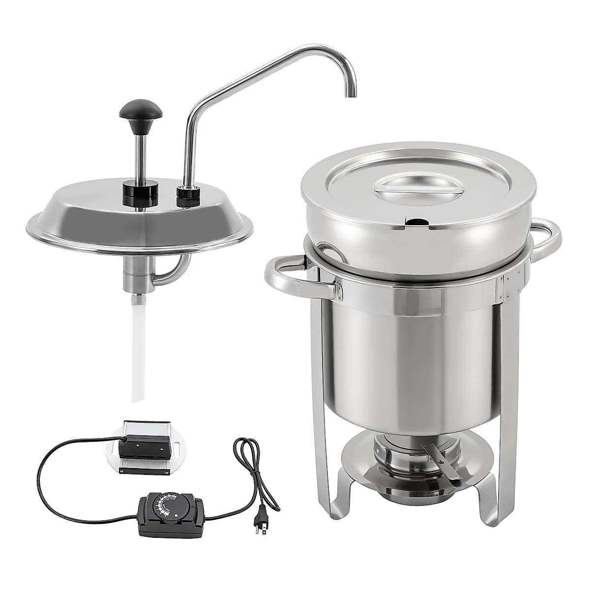 BANLICALI 7L Soup Chafer, 400W Stainless Steel Soup Pot with Electric Heating Plate and Pump, Round Soup Chafer for Catering Parties Events Wedding Silver Adjustable Temperature 50-85℃