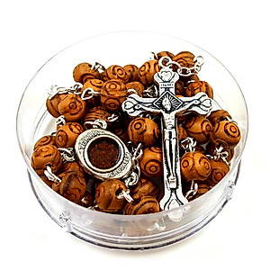 TALISMAN4U CATHOLIC ROSARY NECKLACE Olive Wood Carved Beads With Jerusalem Soil & Cross Crucifix in Gift Box