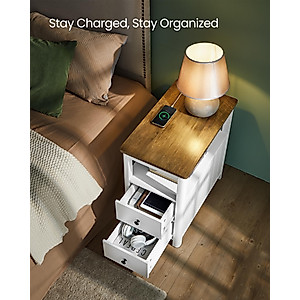 VASAGLE Side Table with Charging Station, Narrow Nightstand with 2 Drawers, Living Room End Table with Storage, for Small Spaces, Coastal Style, Rustic Walnut and Classic White ULET322T14