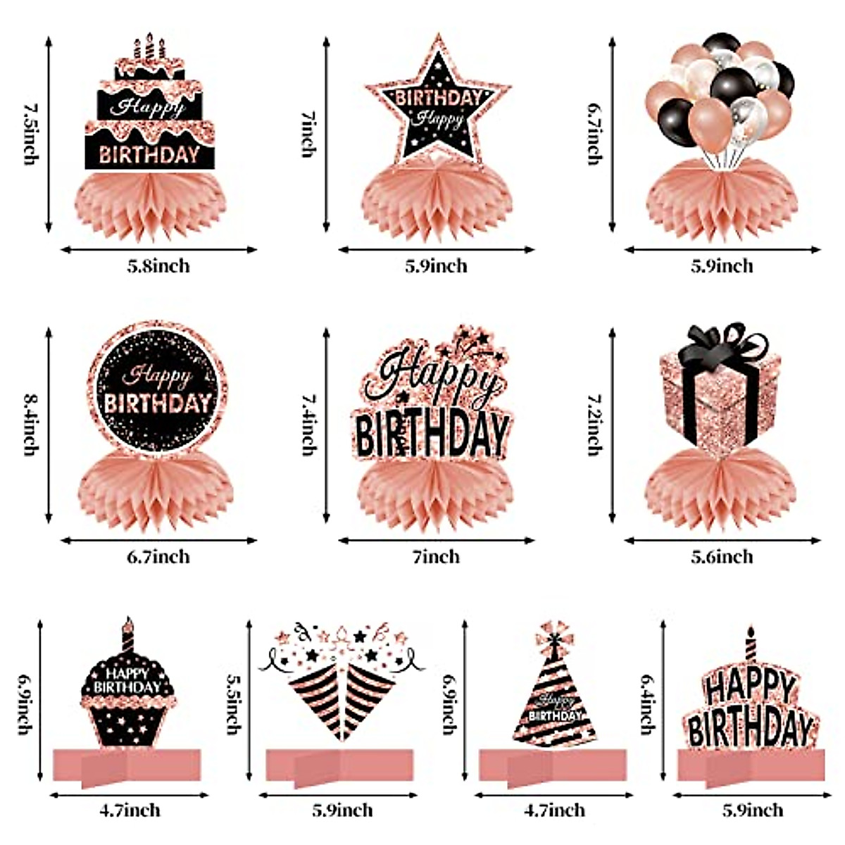 10Pcs Rose Gold Birthday Decorations Honeycomb Centerpieces for Girls Women, Rose Gold Black Happy Birthday Table Centerpieces Party Supplies,16th 18th 21st 30th 40th 50th 60th Bday Table Topper Decor