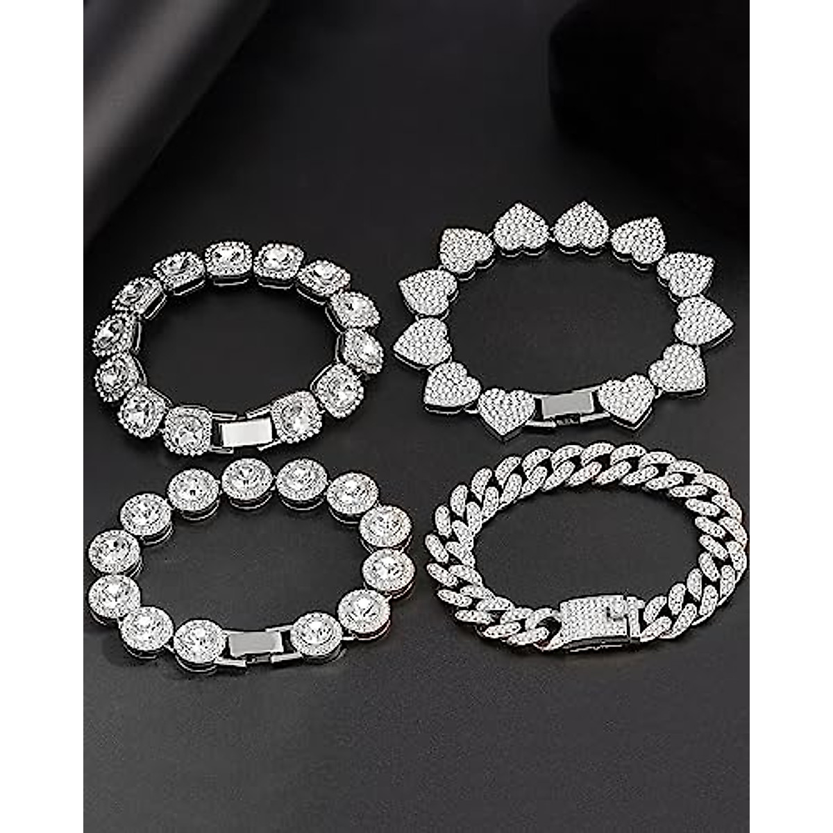 shopbyskyler 4PCS Gold Silver Bracelets for Women Diamond Cuban Bracelet Layered Link Bracelet Set Fashion Jewelry (Silver, 8inch)