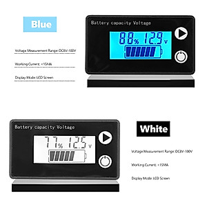 Battery Monitor LCD 12V Digital Battery Capacity Tester Lithium Battery Volt Meter Universal Percentage Display Voltmeter Voltage Indicator ((10-100V) Blue + Alarm)