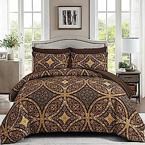 Boho Comforter Set Queen, Bohemian Black Bed in a Bag Bedding Set - 7 Pieces Black and Gold Reversible Comforter for Queen Size Bed, All Season Warm Lightweight Boho Bed Complete Set with Sheets